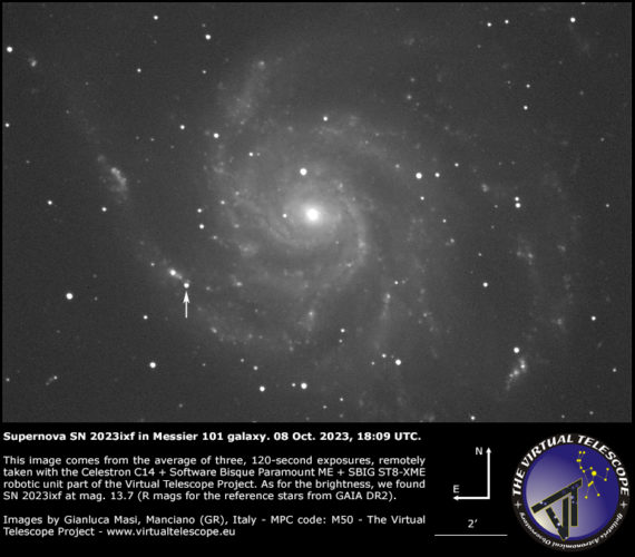 Supernova SN 2023ixf in the Messier 101 spiral galaxy: a image - 08 Oct. 2023. - The Virtual ...