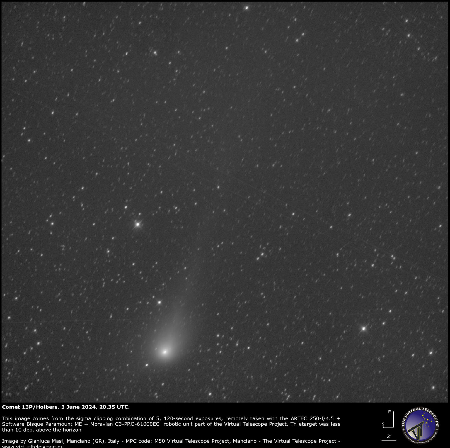Comet 13P/Olbers: an image - 3 June 2024 - The Virtual Telescope ...