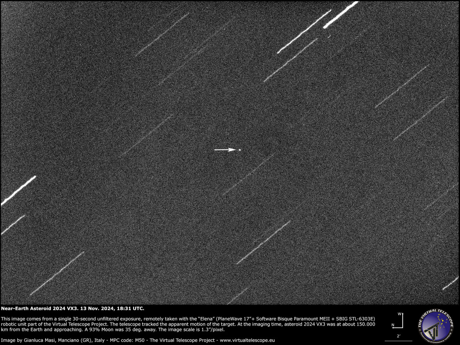 Near-Earth Asteroid 2024 VX3 very close encounter: an image - 13 Nov ...