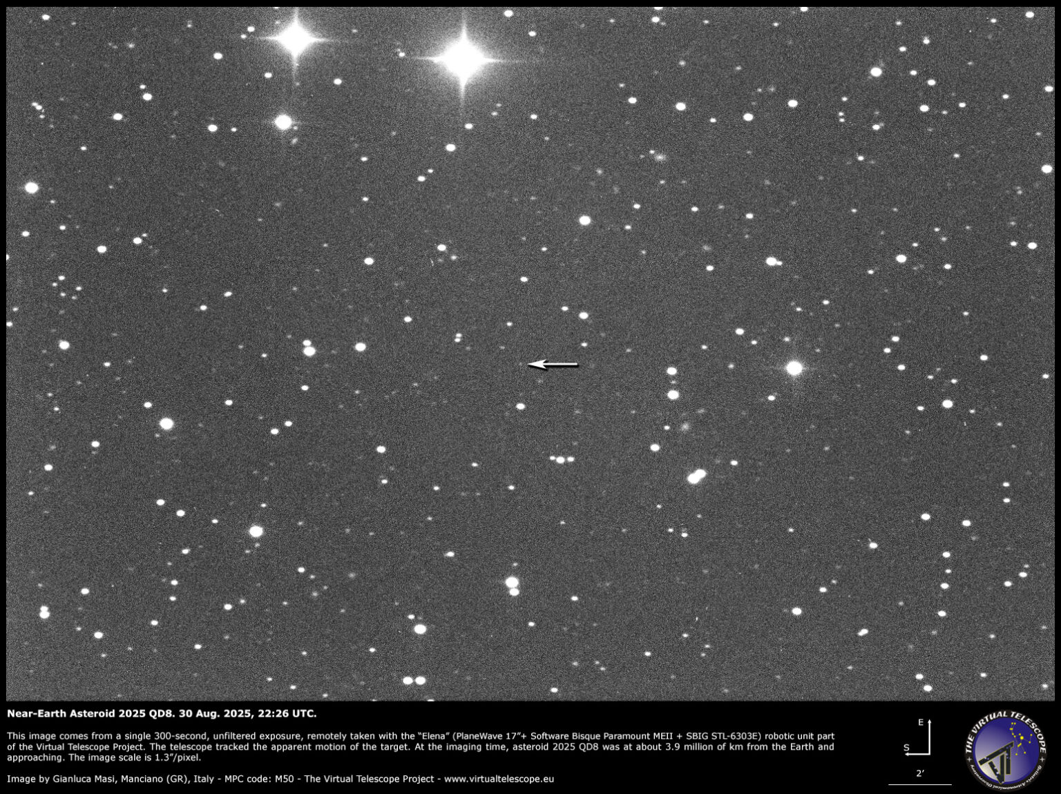 Near-Earth Asteroid 2025 QD8 very close encounter: an image - 30 Aug. 2025. - The Virtual ...