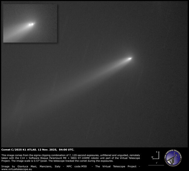 Comet C/2025 K1 ATLAS fragmentation: 12 Nov. 2025 image. - The Virtual Telescope Project 2.0