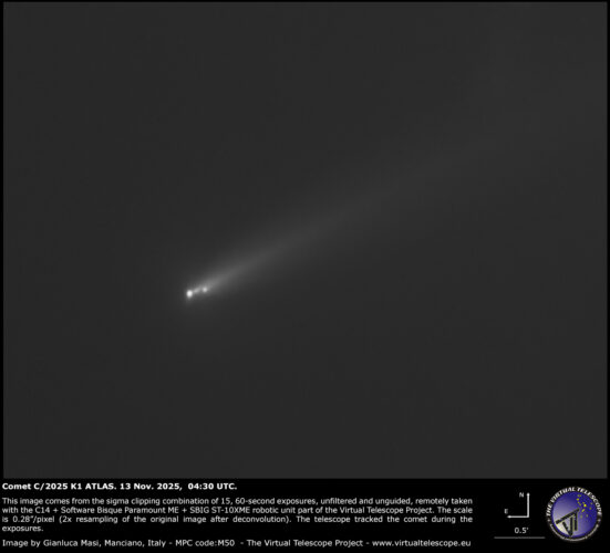 Comet C/2025 K1 ATLAS fragmentation: 13 Nov. 2025 image and animation ...