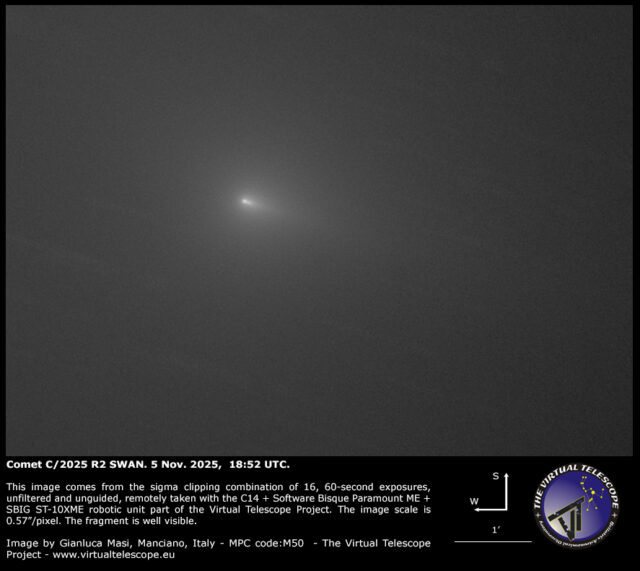 Comet C/2025 R2 SWAN fragmentation: 5 & 6 Nov. 2025 images. - The Virtual Telescope Project 2.0